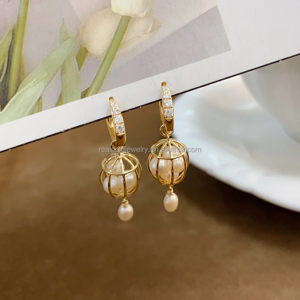 14K Au585 Solid Gold Stud Earrings Trendy Style Lab Diamond Beautiful Pearl Earrings Gold 14k ...