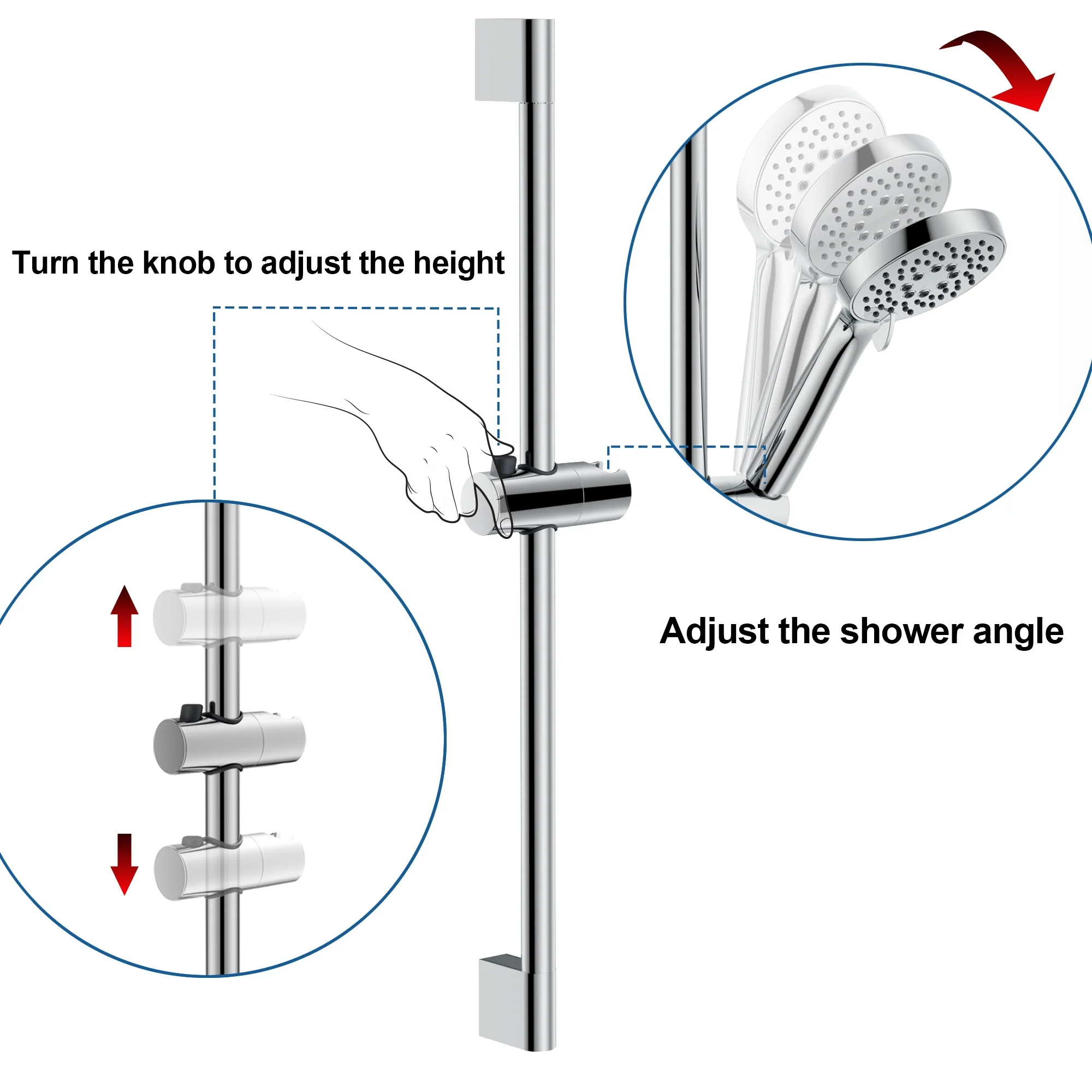 Stainless Steel Slide Bar Shower Head Adjustable Sliding Bar Round ...