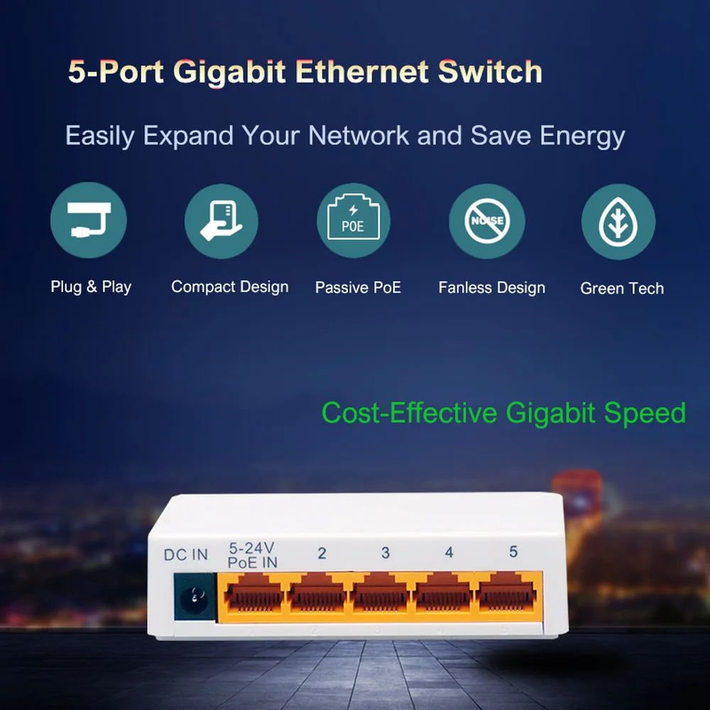 5 Ports Gigabit Ethernet Switch Passive PoE Power Input Support Realtek ...