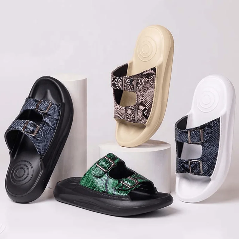 Fashion Slides Sandals Double Buckle Adjustable Lightweight Thick Sole ...