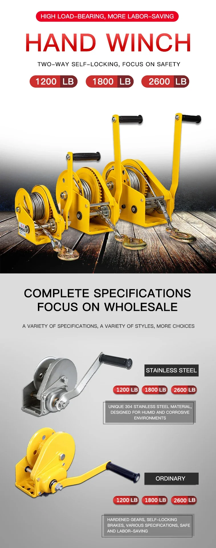 Guanhang Self-Locking Mini Hand Winch - 1200lbs Capacity