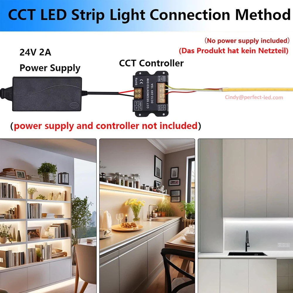 High Density 608 COB CCT LED Strip Light 24V 2700K-6500K Tunable White ...