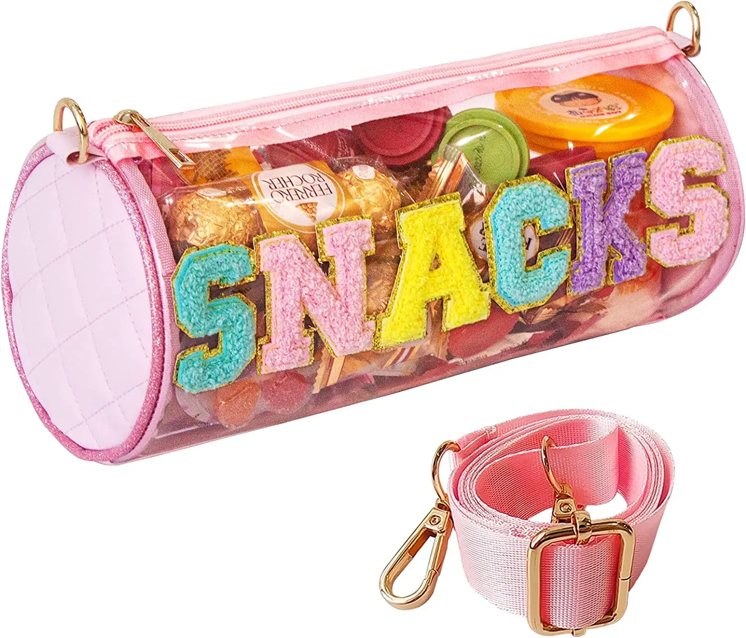 Chenille Letter Clear Snacks Bags,Large Preppy Travel Bag With Strap,Nylon