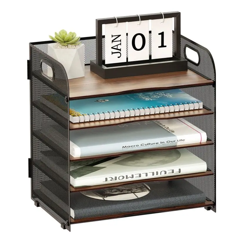 Office Supplies Wooden Desk Organizer Metal Mesh Paper Tray File Holder ...