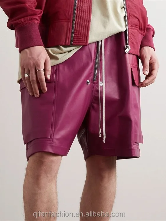 Custom Drawstring Exposed Zip Cargo Pockets Leather Shorts For Men ...