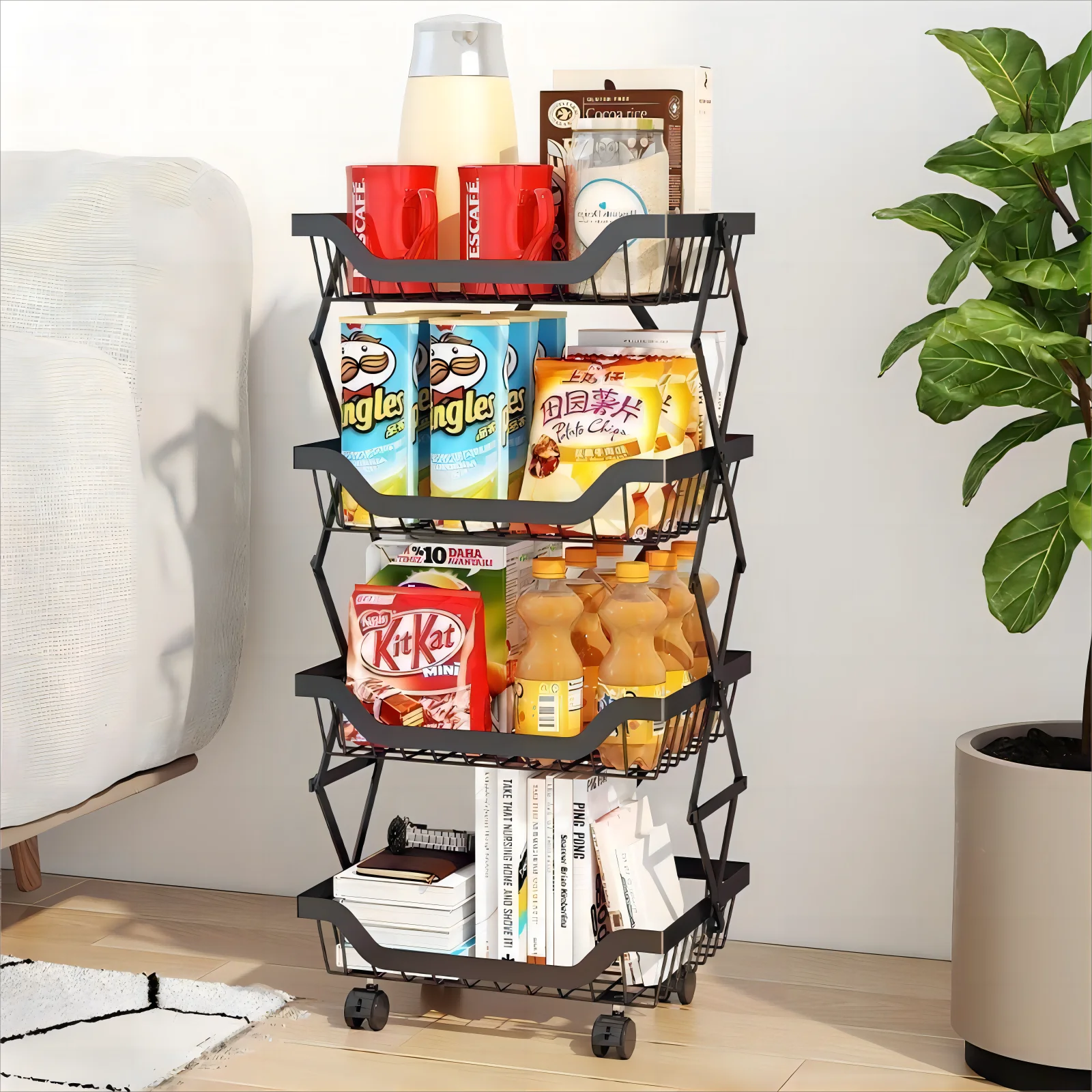 Folding Food Container Vegetables Fruits Holder Movable Metal Trolley ...