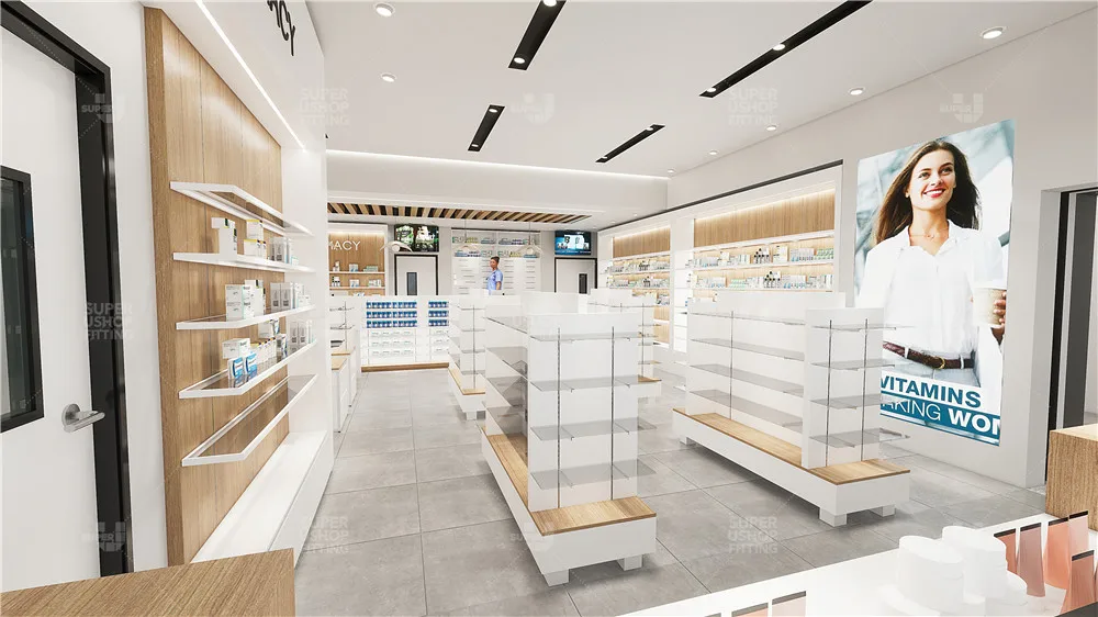Customized Medical Glass Display Shelf Gondola Wooden Pharmacy Shelves ...