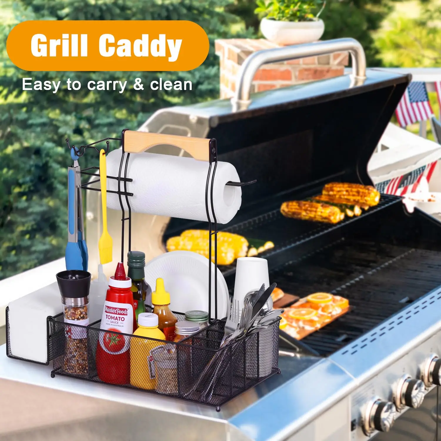 Grill Caddy with Paper Towel Holder, Mesh Basket Utensil Condiment ...