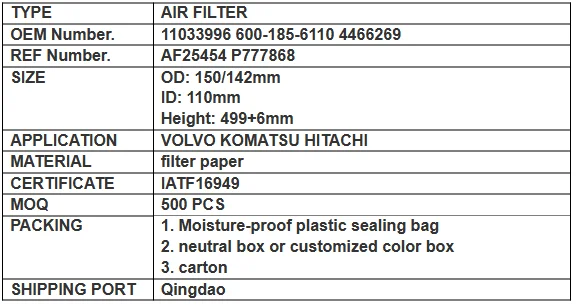 Truck/car/excavater/heavy Machinery Construction Air Filter Af25454 ...