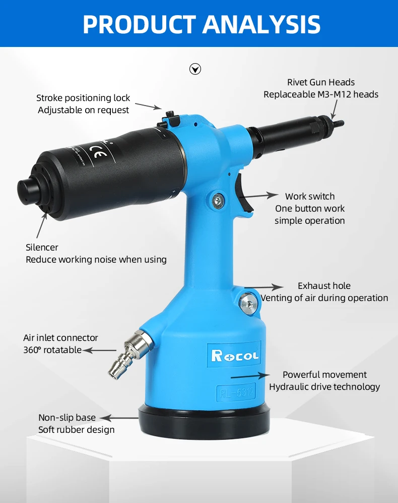 Rl-5312 Pneumatic Rivet Nut Gun M3-m12 Easy Operation Riveting Tool Efficient Pull Force Air ...