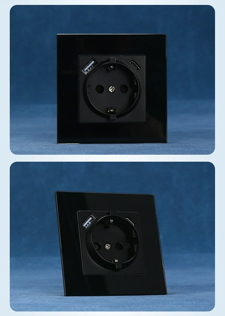 220V Schuko 2P+E Socket with USB A+C Ports - Glass Panel, Customizable OEM