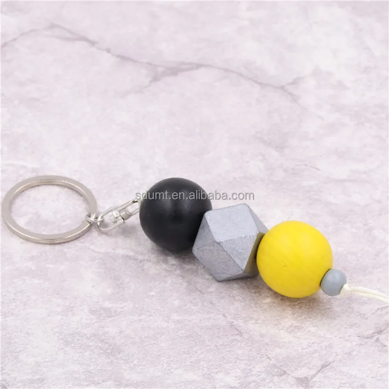 New Multicolor Geometric Girls Round Wood Beads Keychain For Bag - Buy ...