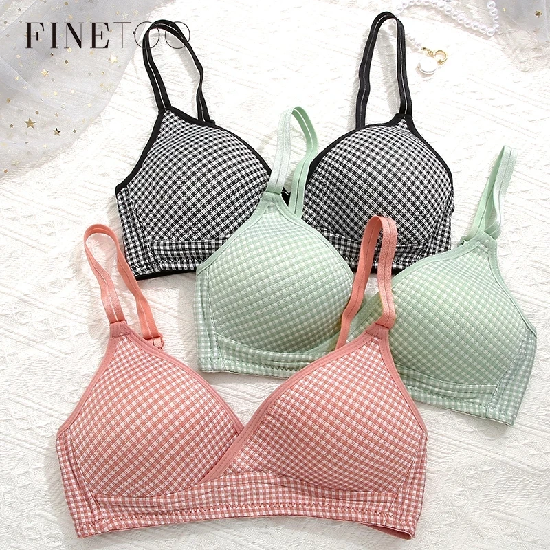 Finetoo Women A B Cup Plaid Bra Soft Wireless Bras Ladies Deep V ...