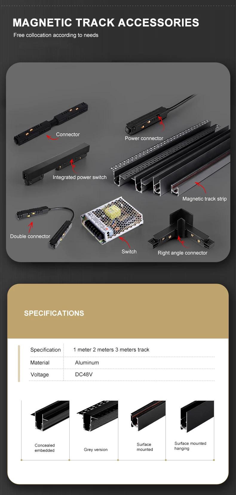 Black Aluminum Embedded Low Voltage 1m 2m 3m 48v Linear Led Track ...