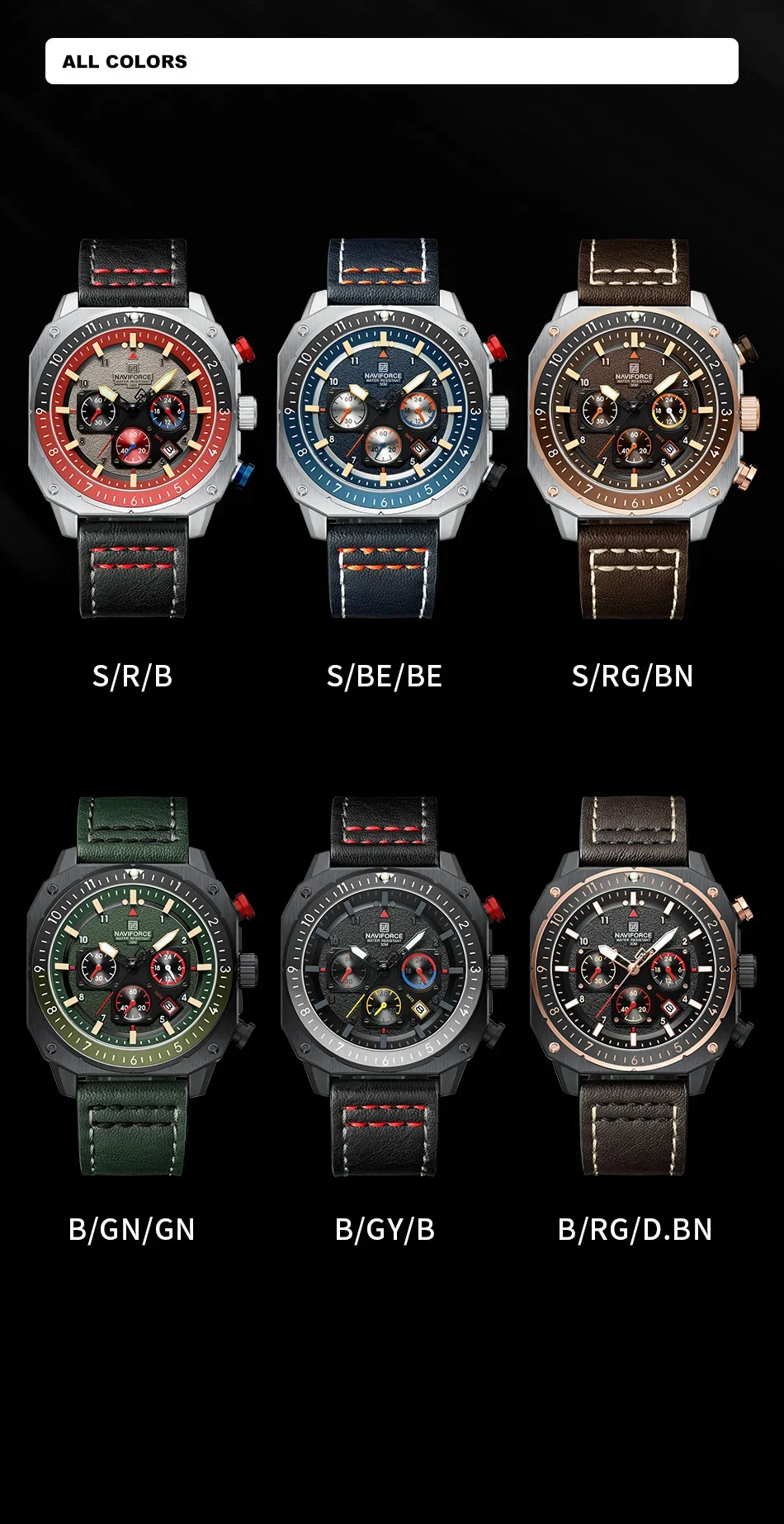 NAVIFORCE Sports Multifunction Waterproof 8057 for Men Fashion Leather ...