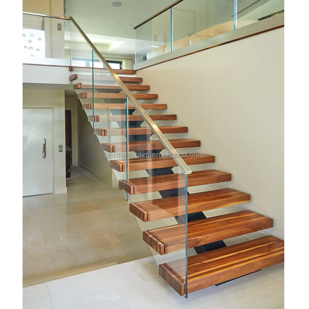 Customized Indoor Metal Prefab Wood Stairs Modern Mono Stringer ...