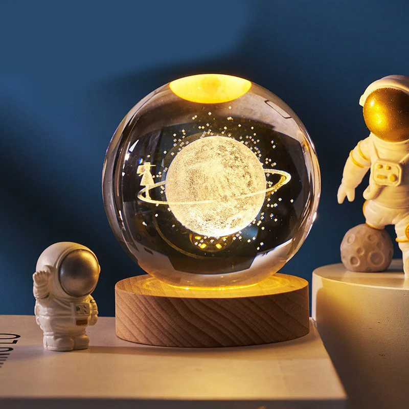 3D Carved Star Solar System Table LED Lamp Wood Base