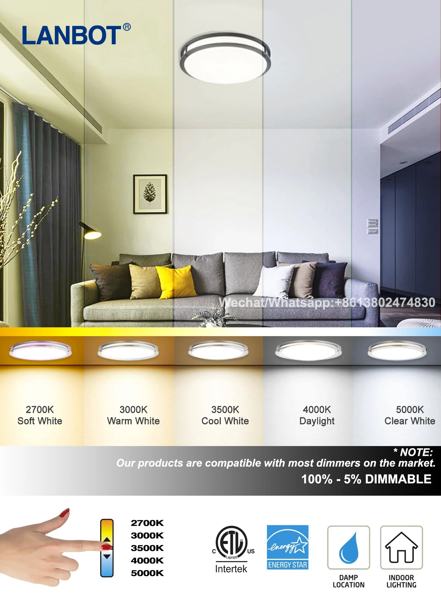 ETL Listed 5CCT Selectable 2700K 5000K LED Double Ring Flush Mount ...