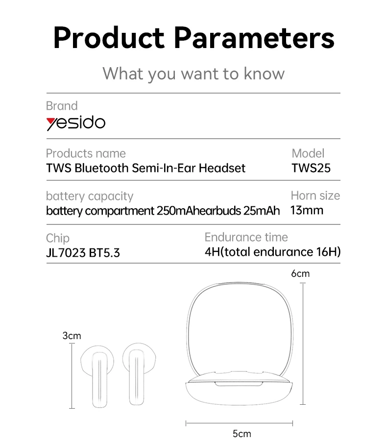 TWS25 Yesido BT5.3 TWS Headset - HD Mic, ANC, 16H Endurance