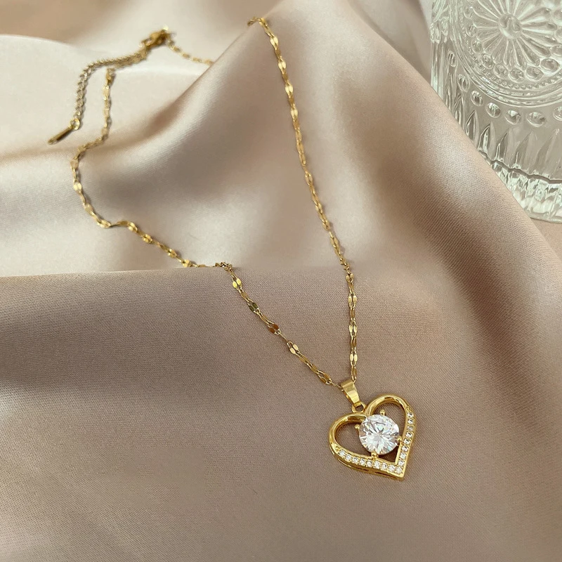 Stainless Steel Colie Chain Pendant Gold Plated Zircon Charms