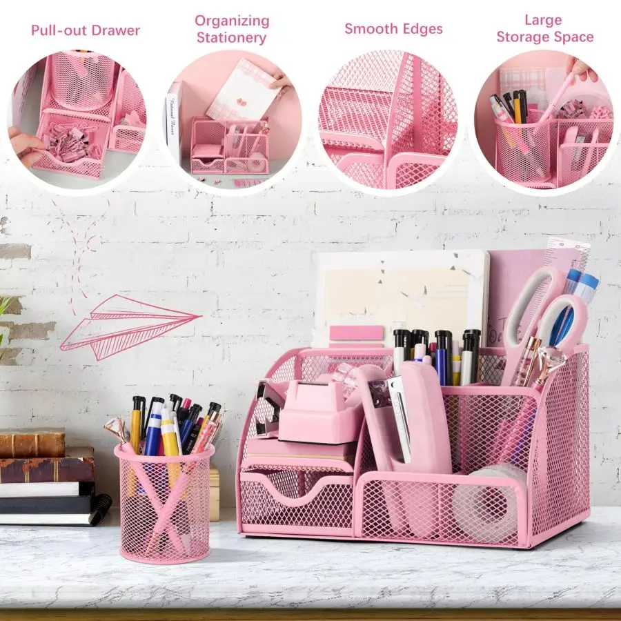 Custom Color Desk Organizer Set 11Pcs Pink Office Supplies Set Mesh ...