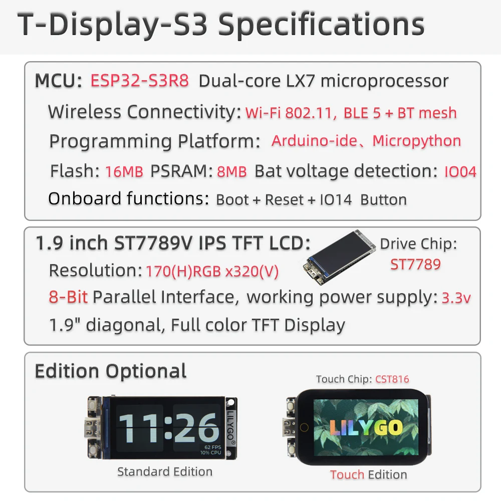 T-display-s3 Touch Edition Esp32-s3 Development Board 1.9 Inch St7789 ...