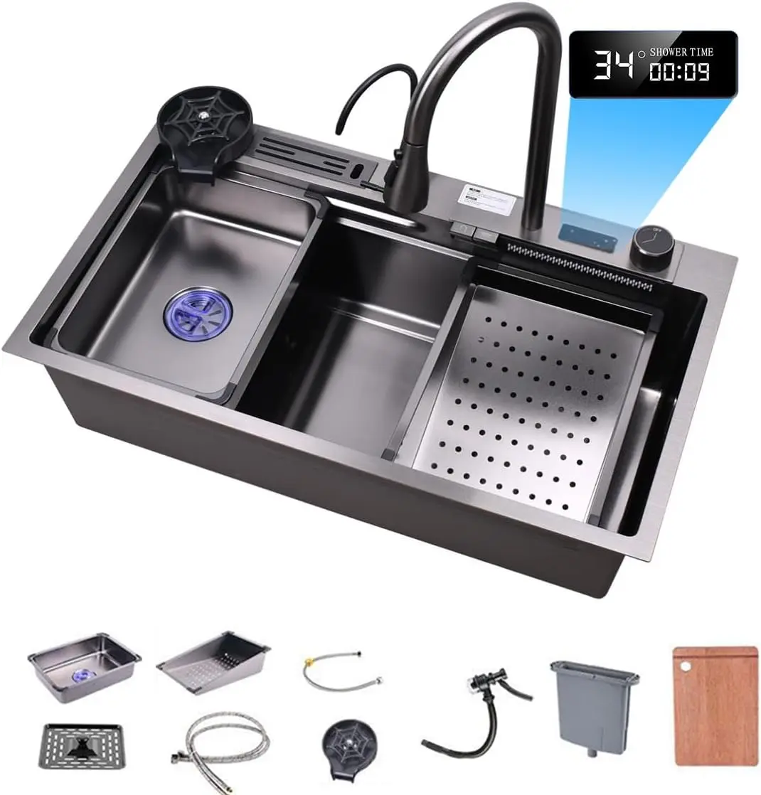 Stainless Steel Nano Step Sink Kitchen Dark Grey Single Bowl Waterfall ...
