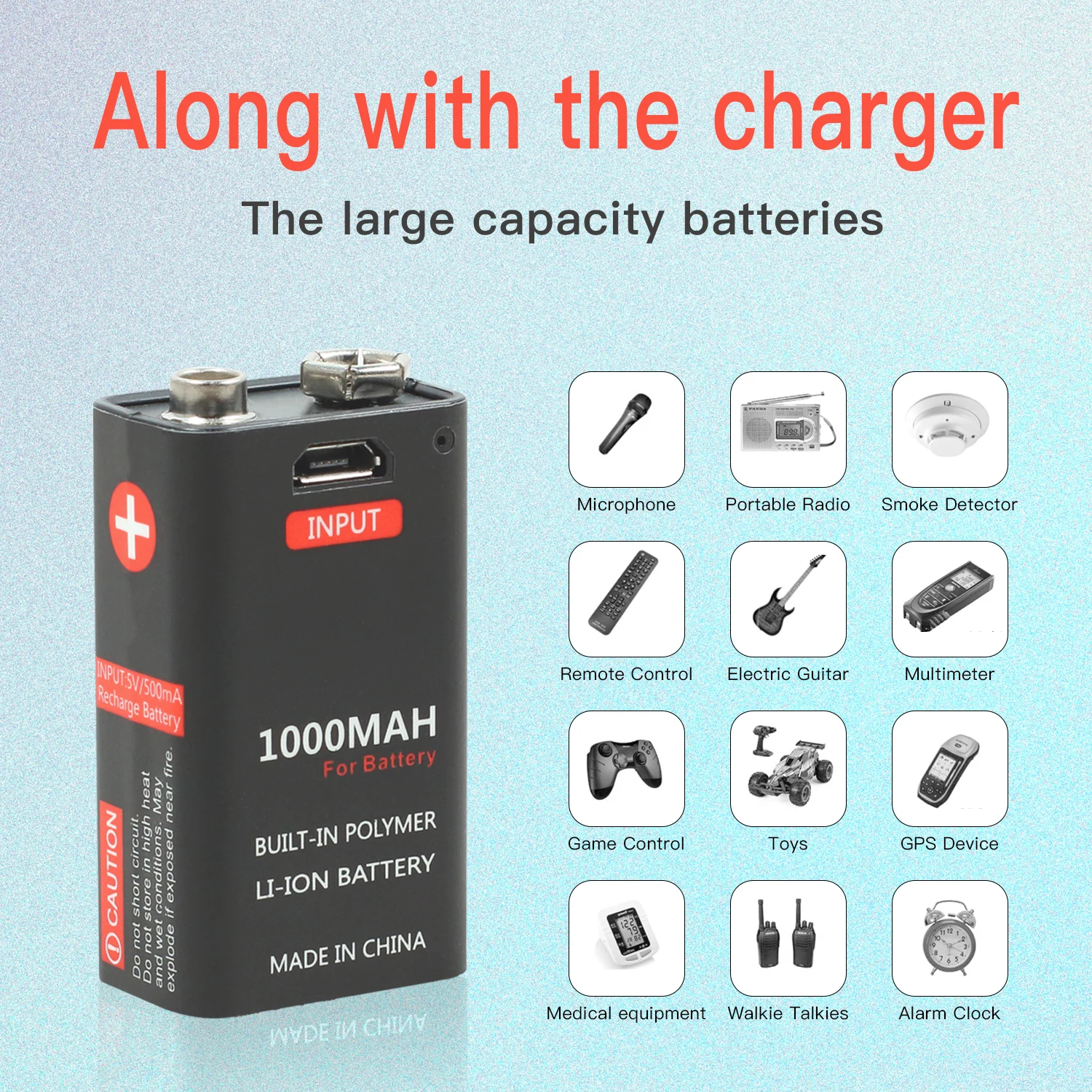 USB 9V Rechargeable Lithium Batteries - 500mah to 1000mah