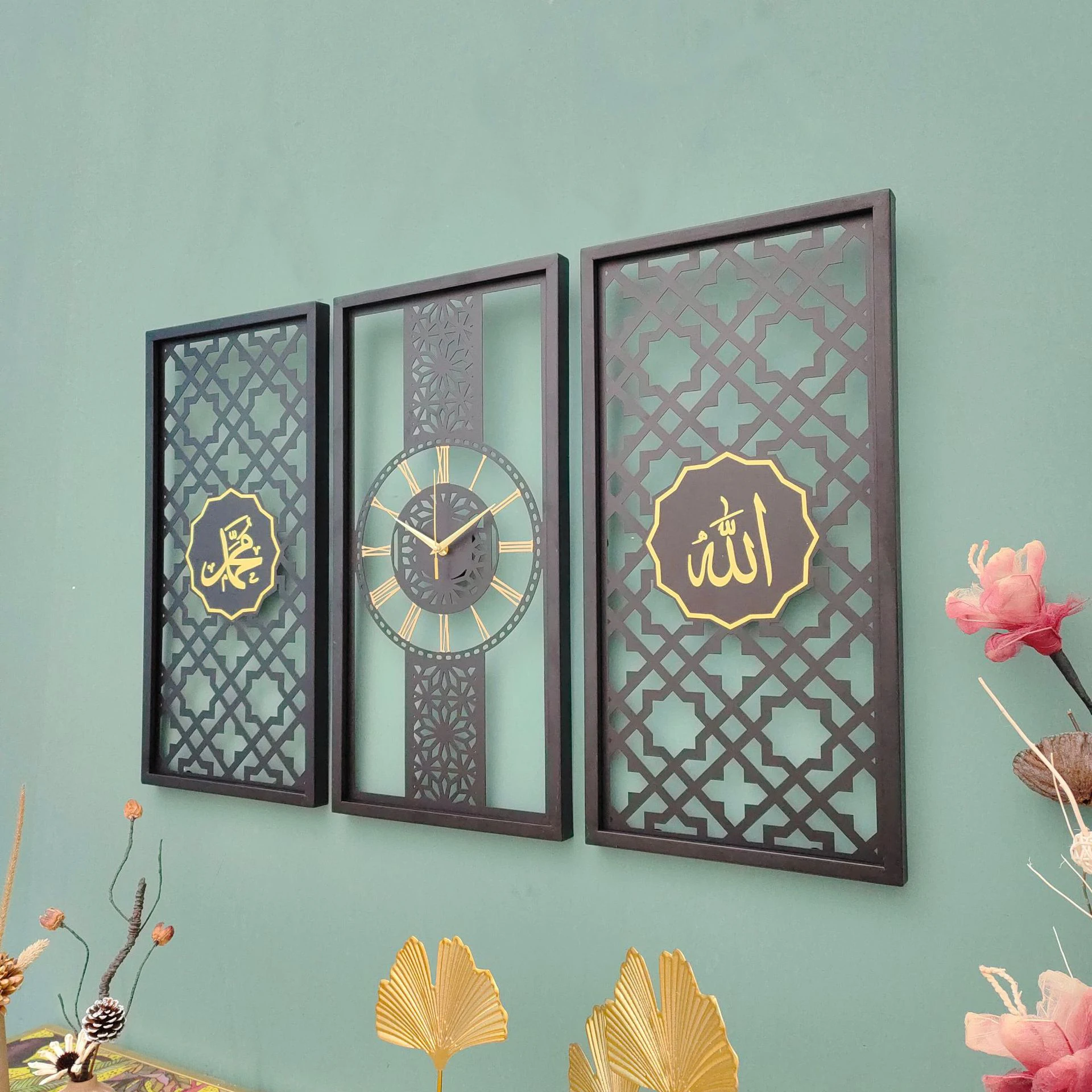 Luxury Metal Islamic Wall Clocks 3pcs Sets Muslim Home Decoration Clock ...
