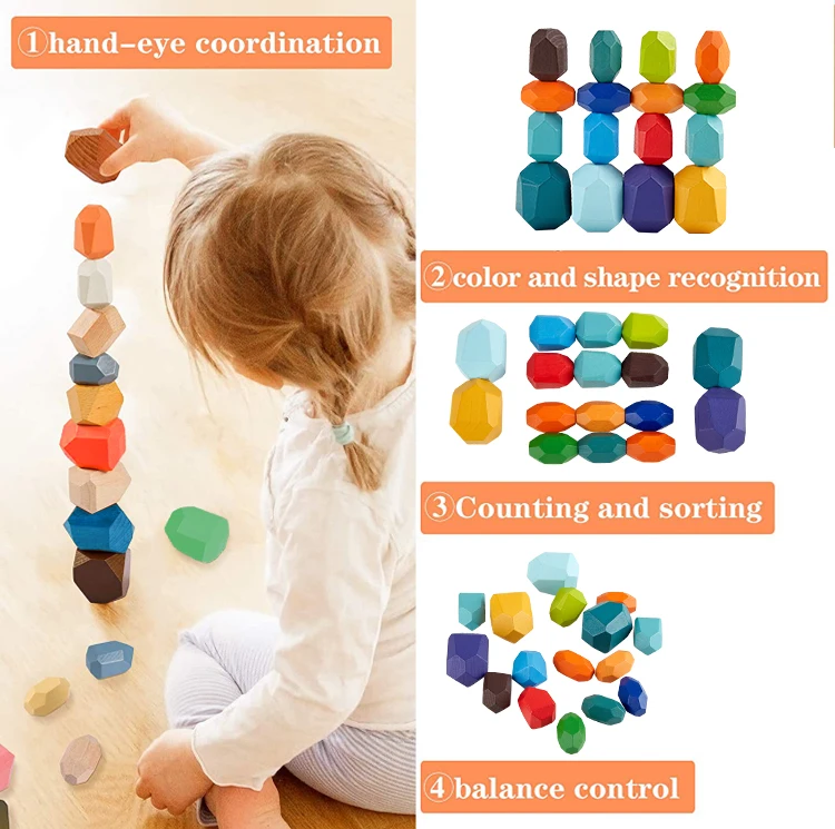Wooden Stacking Stones Educational Montessori Stacking Toy Block Stone ...