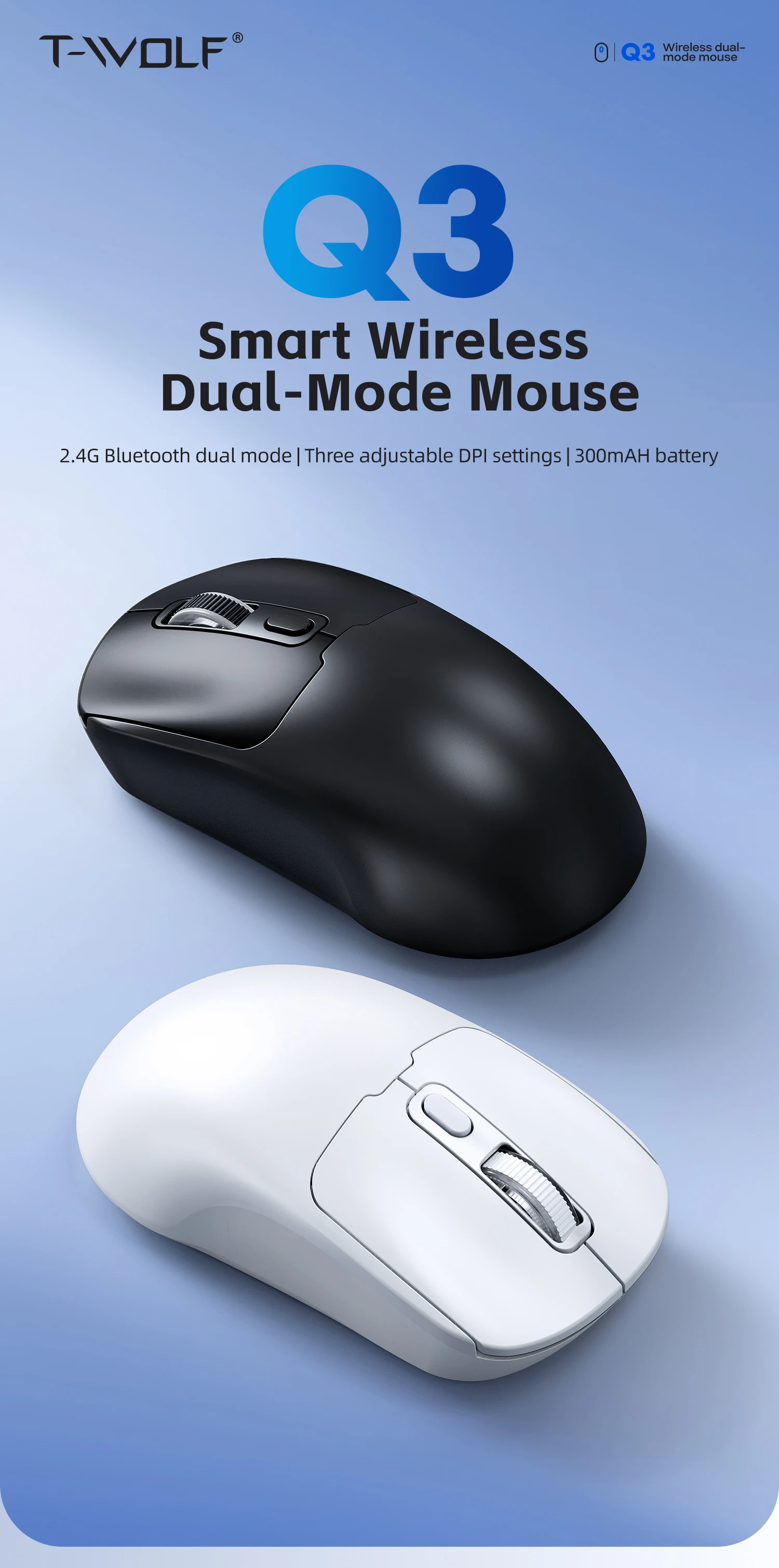 T-WOLF Q3 Wireless Rechargeable Mouse - Mini Dual-Mode Ergonomic Design ...