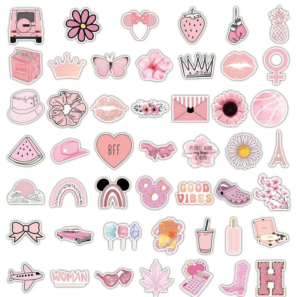 50pcs Pink VSCO Fresh Cute Cartoon Stickers - Eco-friendly