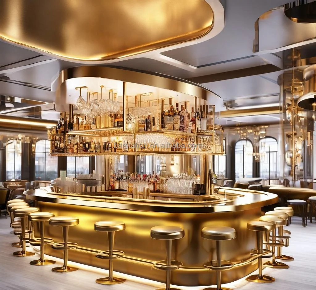 Stainless Steel Golden Bar Counter - Durable Cocktail Station