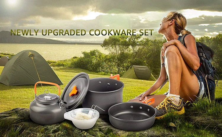 Camping Travel Equipment Tableware Cookware Kit Pots Burner Gas Stove ...