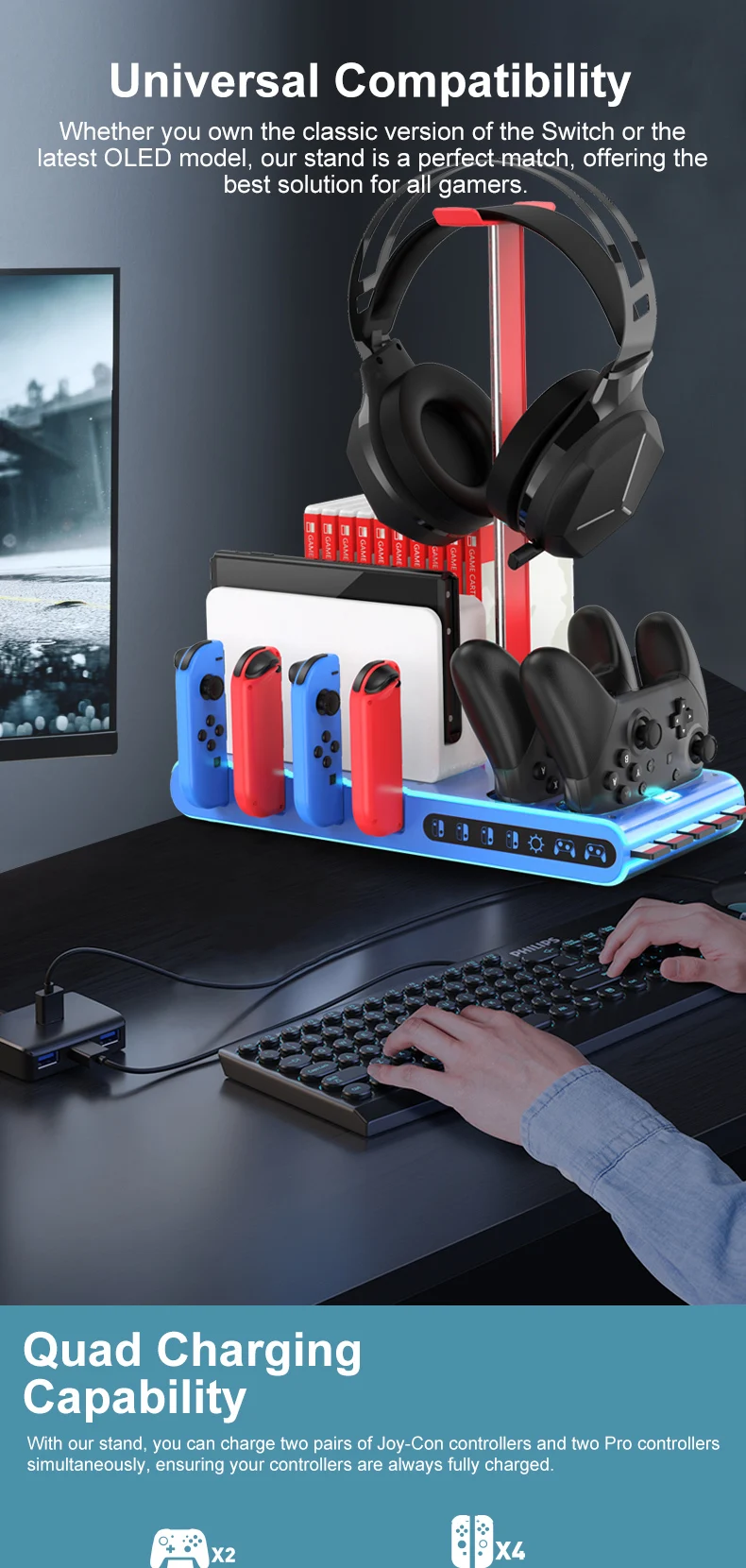 Honcam Switch Games Organizer Station With Controller Charger Charging ...