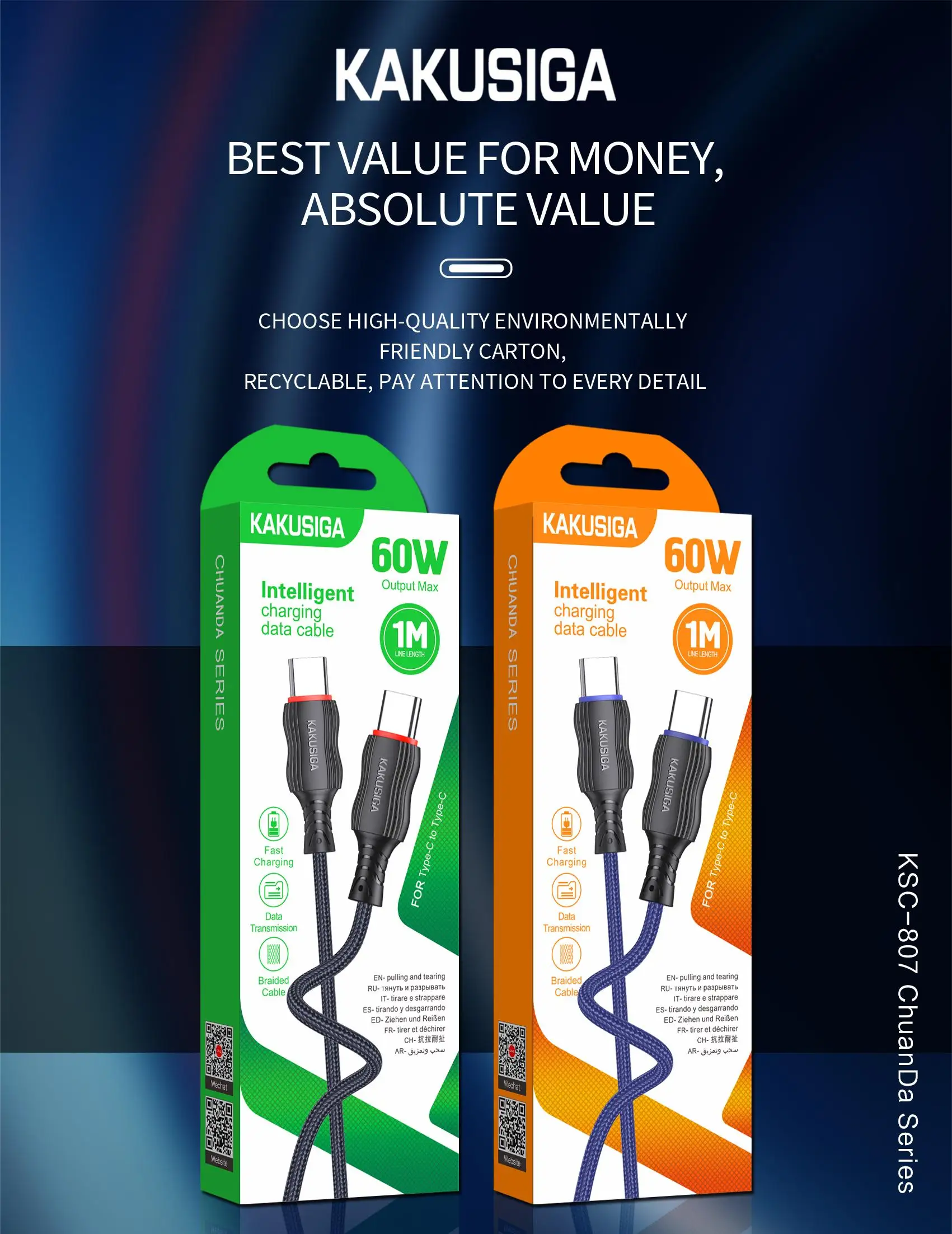 Kakusiga 1 Meter Type-c To Type-c Pd60w Fast Charging Data Cable Stand ...