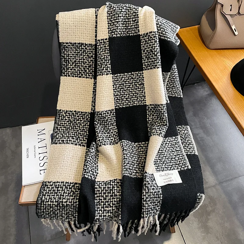 Korean Style Black Beige Checkered Winter Scarf for Women