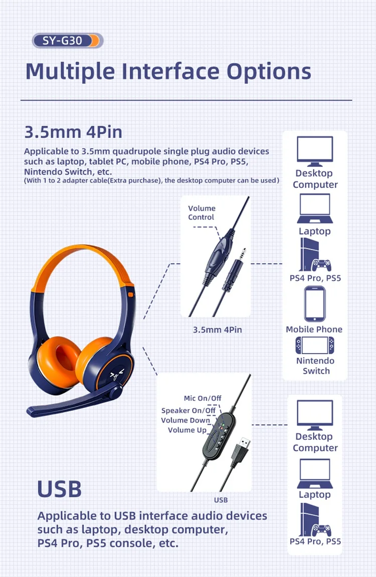 Sy-g30 Usb Plug Cute Student Headphone Kids Headphones Usb Headset With ...