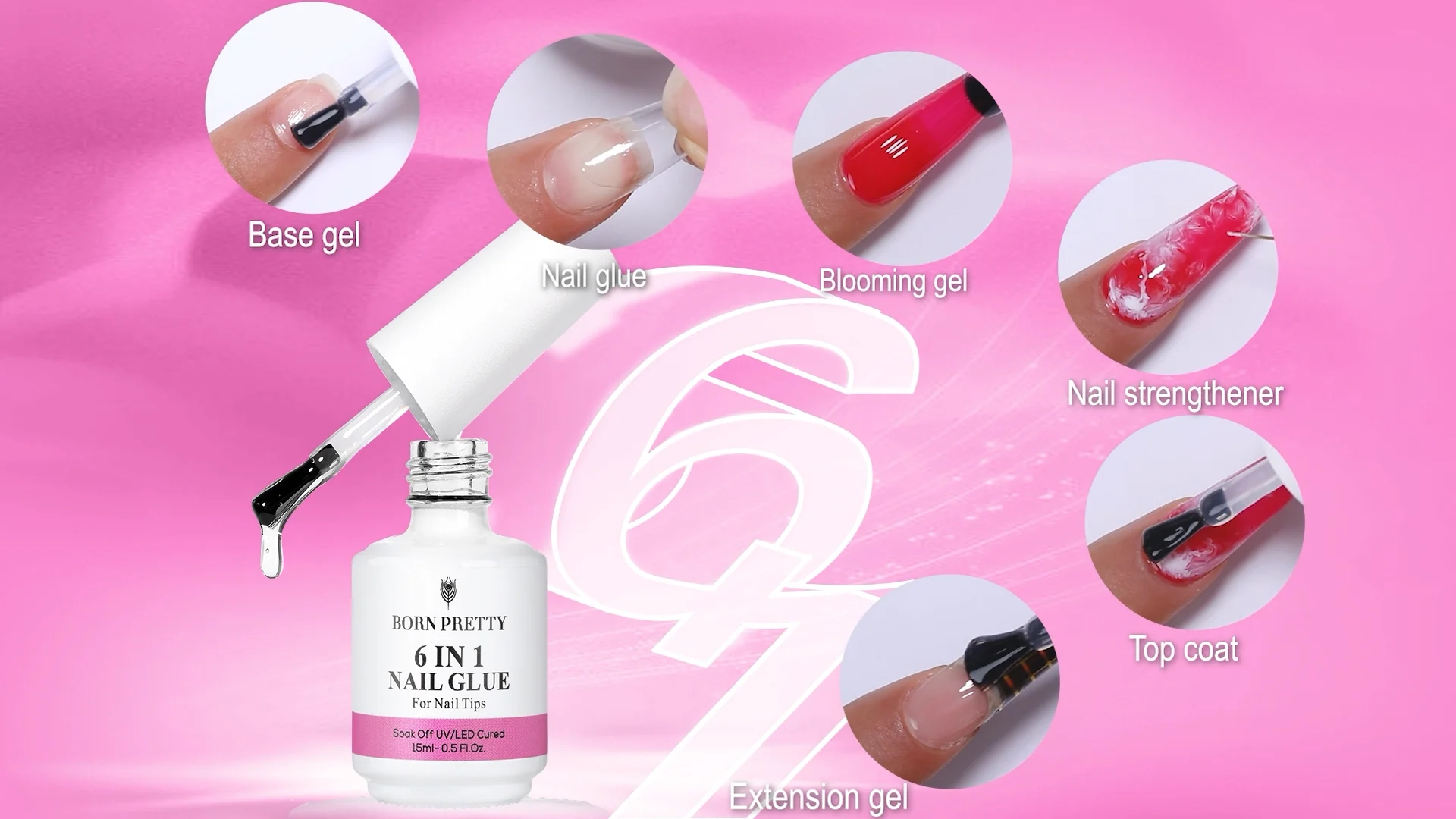 Born Pretty 6 In 1 15ml Nail Tips Glue Gel Polish Multifunction Soak Off Base Gel Top Coat ...