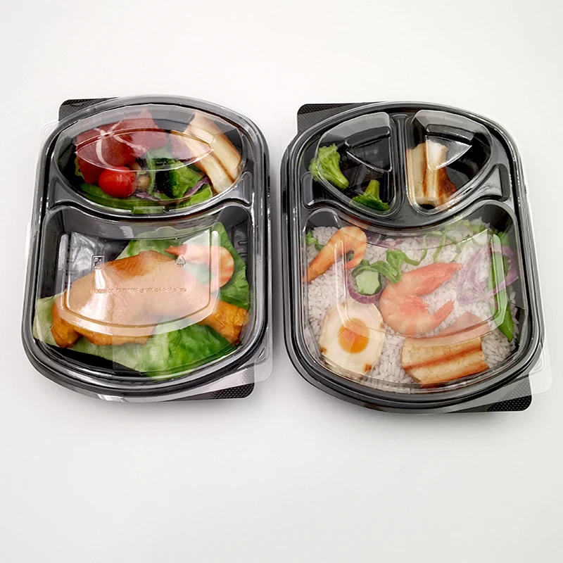 Microwavable 3-Compartment Black Bento Lunch Box Disposable PP Plastic ...