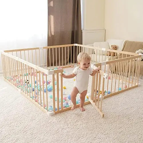 Large Modern Foldable Wooden Playpen Adjustable Indoor Playard Safety ...