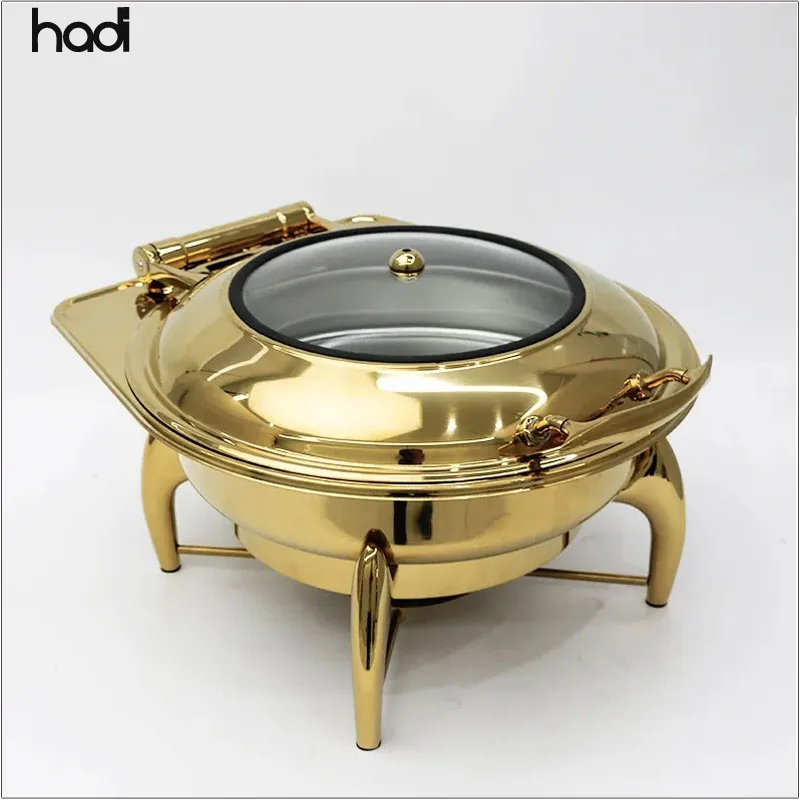 Luxury Buffet Equipment Stainless Steel Gold Chafing Dish 2 Pans Roll Top Hydraulic Chaffing ...