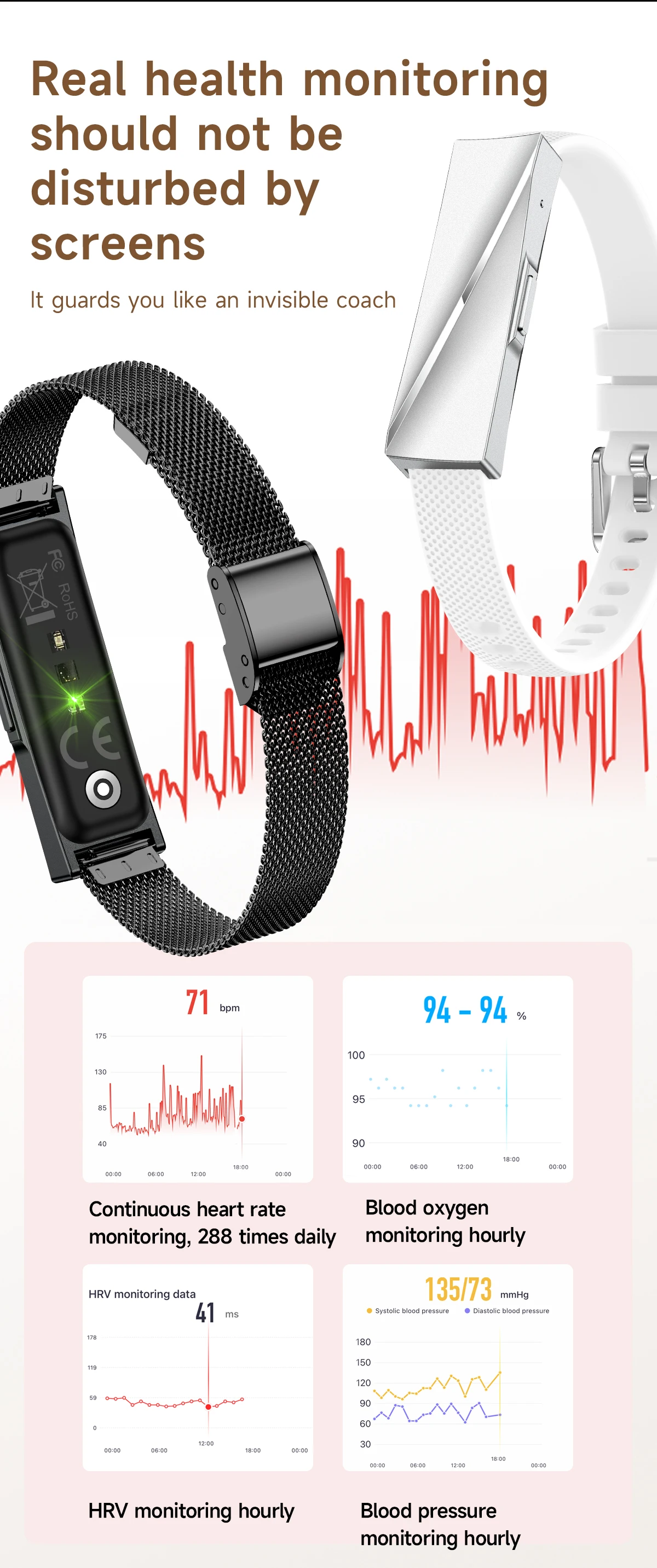 TKYUAN Fashion Women Health Smart Band Screenless Bracelet Sleep ...