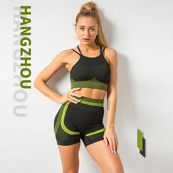 New Fashion Yoga Clothing Lace Net Mesh Leggings Shorts Sports Bra Sexy Woman Gym Fitness Sets ...