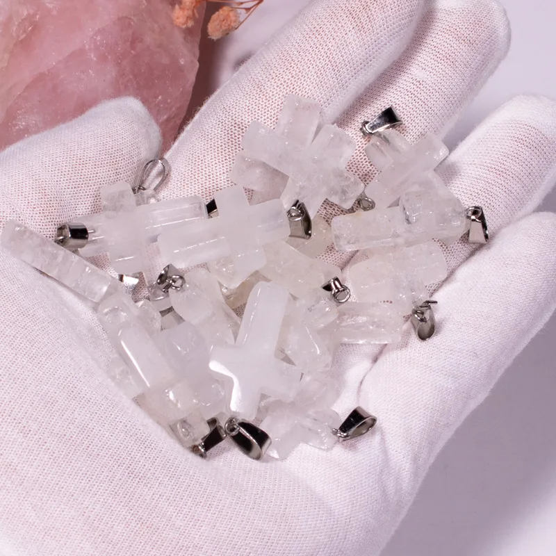 Natural Crystal Stone Cross Pendant Necklace & Stainless Steel Gemstone ...