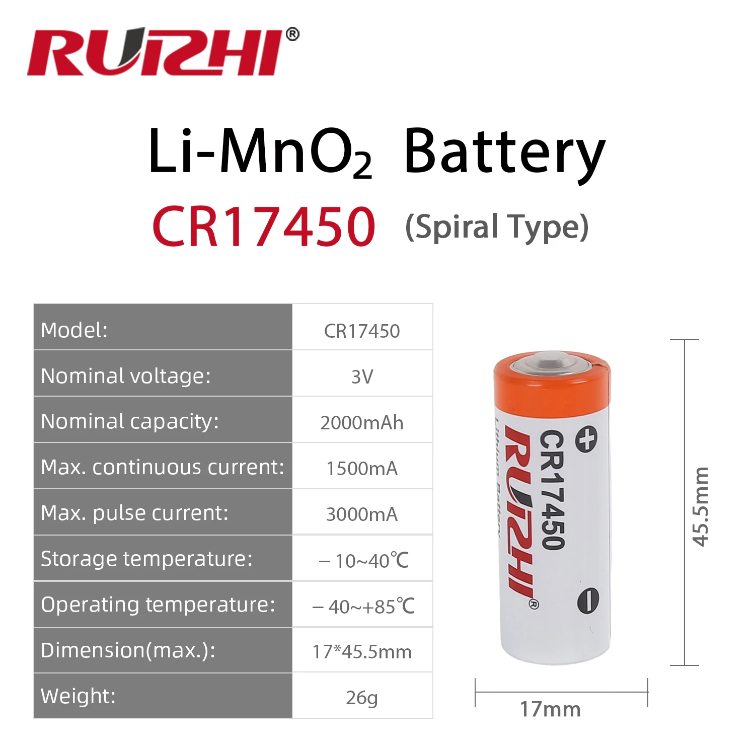Customized Non-rechargeable Cr17450 3v 2000mah Li-mno2 Battery For Auto ...