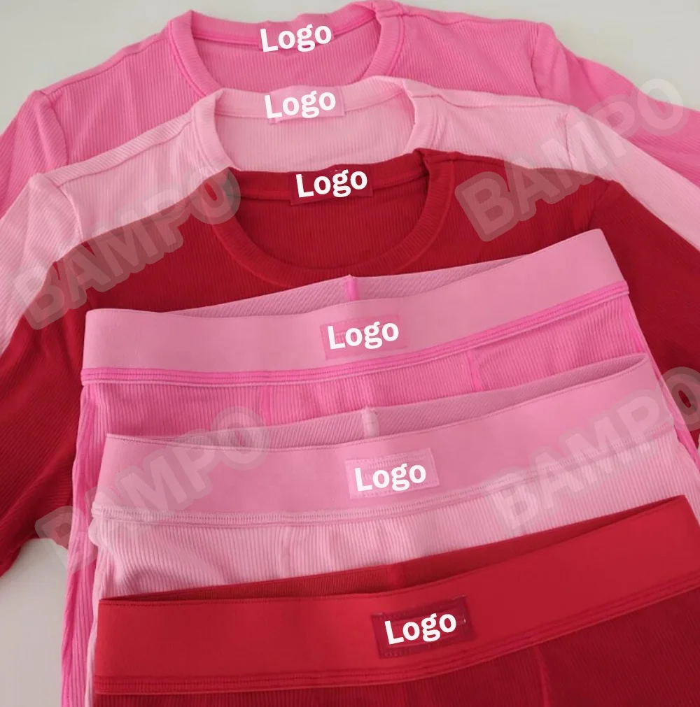 Custom Logo Cotton Ribbed Two Pieces Outfit Short Sleeve Leggings ...