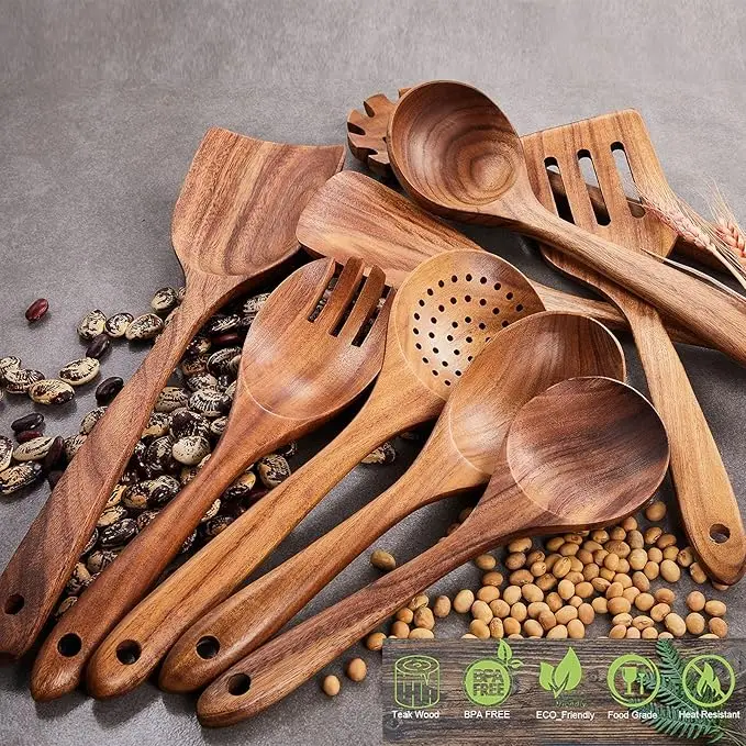Great 9-Piece Eco-Friendly Natural Teak Wooden Kitchen Utensils Set ...
