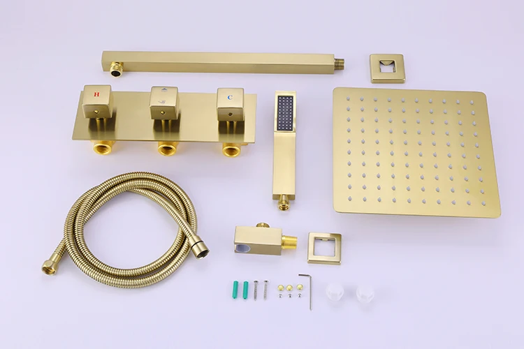 Hotel Bathroom Brushed Gold Concealed Shower Faucet Three Handle Brass ...