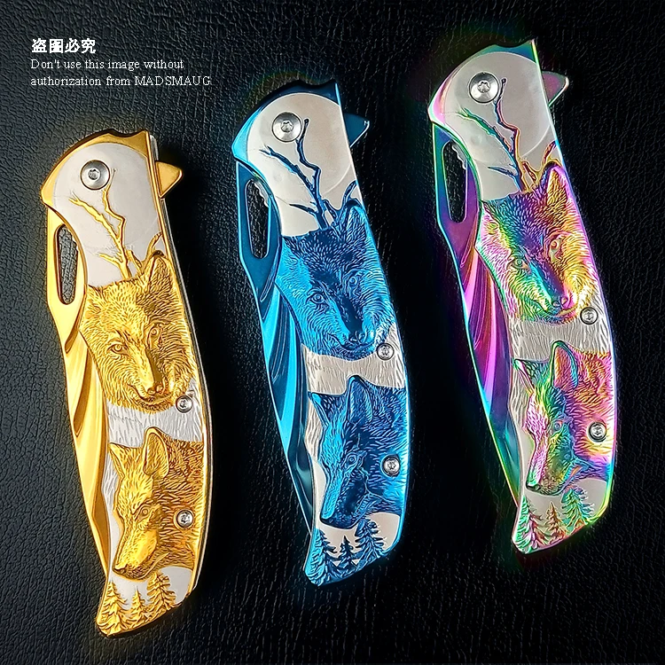 Madsmaug 3d Embossed Wolf Stainless Steel Edc Pocket Knife Outdoor ...